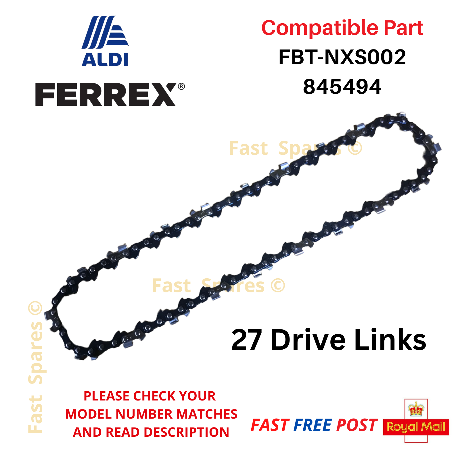Aldi Ferrex FBT - NXS002 Pruning Saw Replacement Chainsaw Chain 27 Dri ...