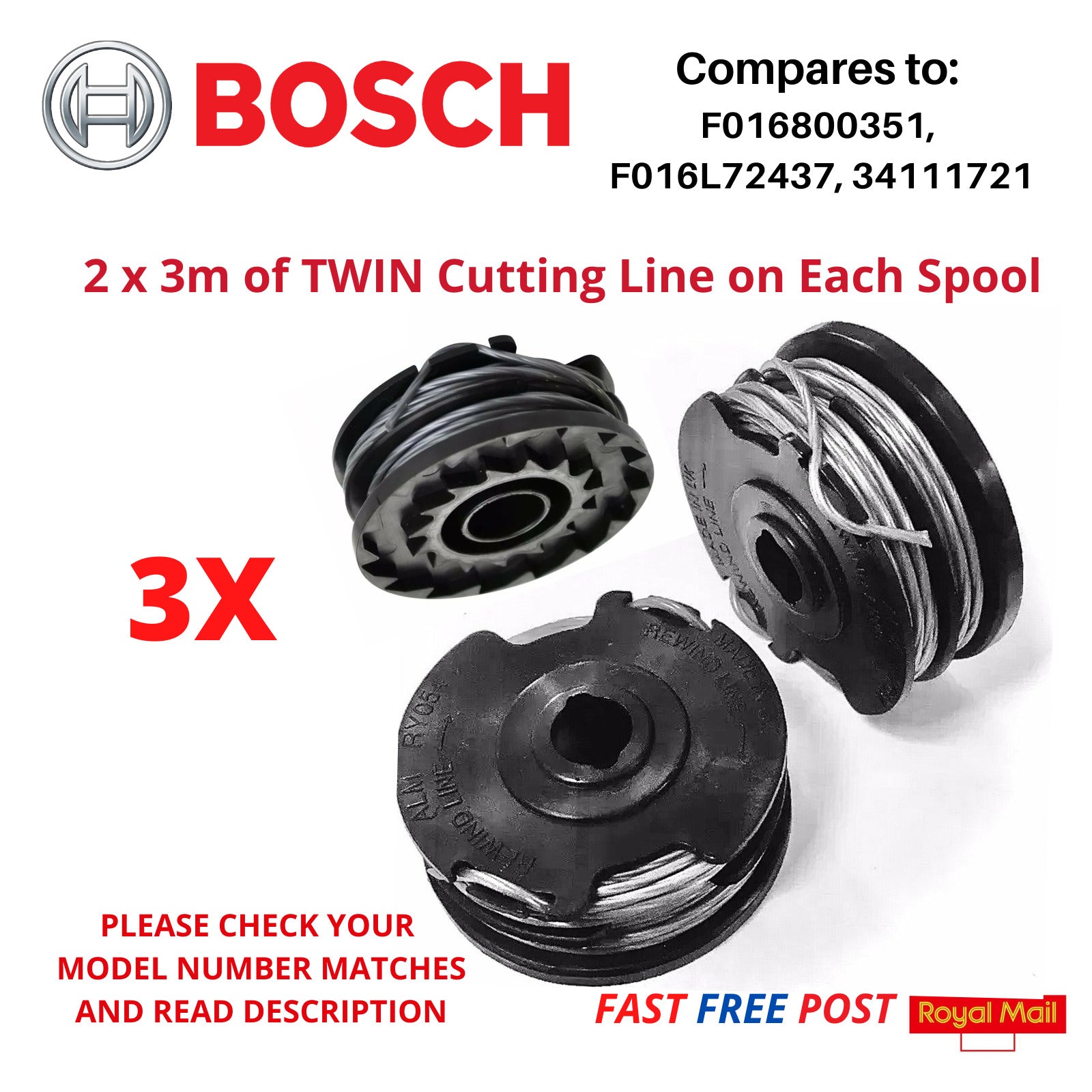 BOSCH ART27 Twin Line and Spool for Strimmer Trimmer FAST POST x 3 ...