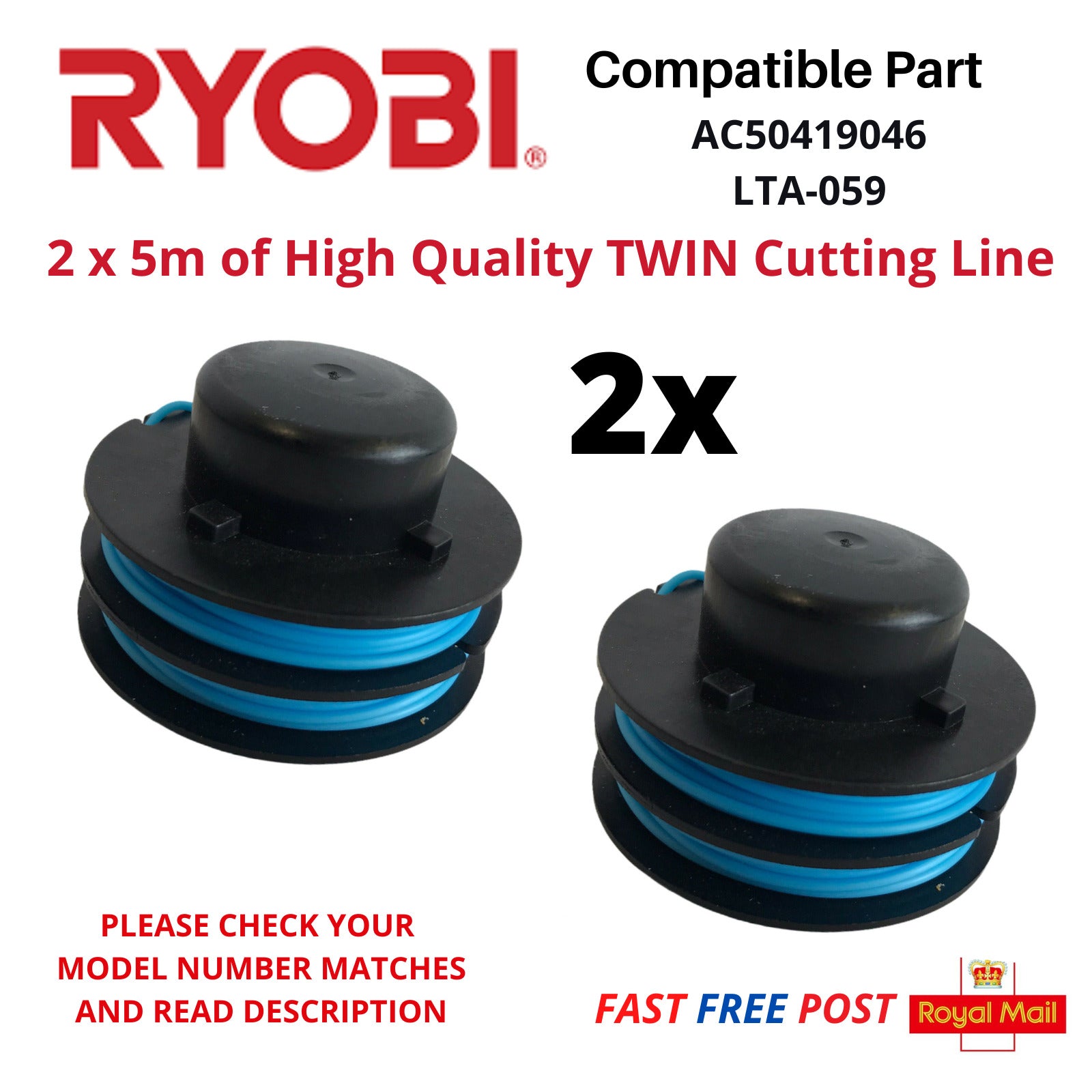 2 x Spool & Line For RYOBI RLT5030AH Strimmer Grass Edge Trimmer FAST ...