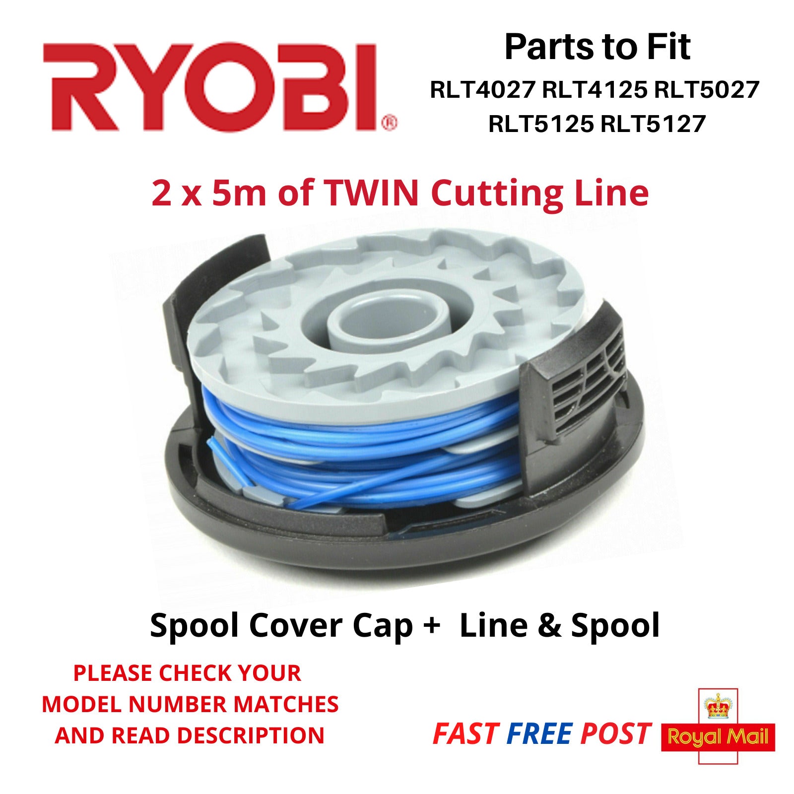 RYOBI RLT5127 Spool Line & Cover Cap - 2 x 5m TWIN Line Spool FAST POS ...